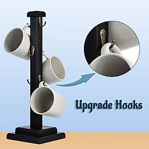 EMASON Rustic Coffee Mug Tree Stand, Solid Wood Holder for 6 Mugs, Space-Saving Kitchen Organizer, Stylish and Sturdy Cup Display Rack, Black