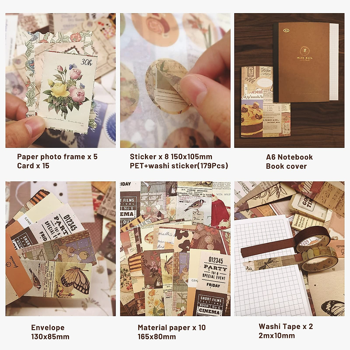 348pcs Vintage Scrapbooking Supplies Kit, Aesthetic Scrapbook Kit with Scrap Book Paper Junk Journaling Supplies A6 Grid Notebook Washi Stickers ,Bullet Journals Supplies for Teens Kids Girls Women