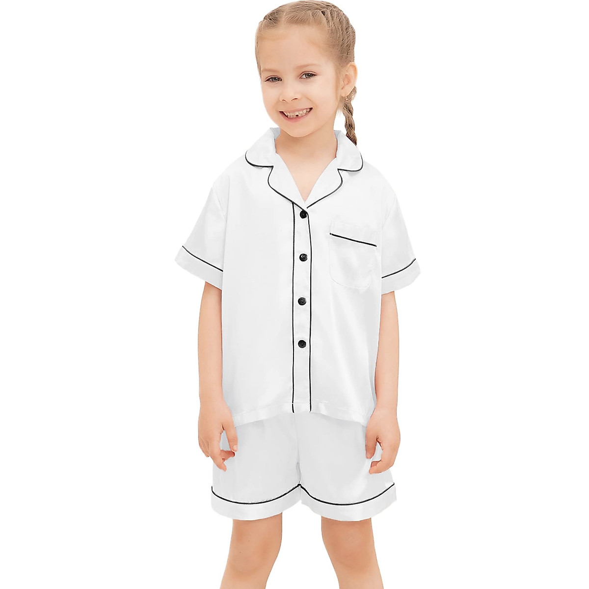 SWOMOG Toddler Girls Boys Silk Pj Cute Short Sleeve Button-Down Pajamas Set Nightwear Lounge Sets with Shorts White