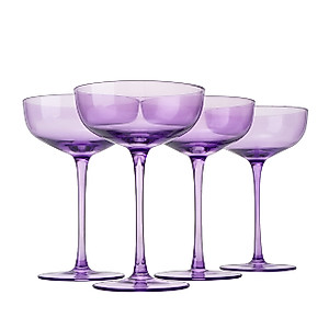 The Wine Savant Colored Coupe Glass | 7oz | Set of 4 Colorful Champagne & Cocktail Glasses, Fancy Manhattan, Crystal Martini, Cocktails Set, Margarita Bar Glassware Gift, Vintage (Lavender Purple)