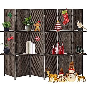Esright 6 Panel Room Divider, 6 FT Tall&Extra Wide Weave Fiber Room Divider with Shelves, Folding Wall Dividers with Double Hinged for Room,Freestanding Room Separator, Coffee