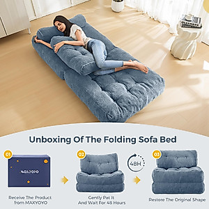 MAXYOYO Folding Sofa Bed, Convertible Sleeper Chair with Pillow Foldable Mattress with Back Support, Portable Fold Out Sofa Couch Fuzzy Fabric Comfy Floor Sofa Lounge for Living Room, Dusty Blue