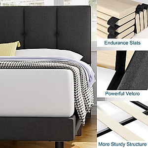 Generic Full Size Bed Frame Upholstered Platform with Headboard, Linen Fabric Wrap, Strong Frame and Wooden Slats Support, Easy Assembly No Box Spring Needed,Non-Slip and Noiseless, D Dark Grey