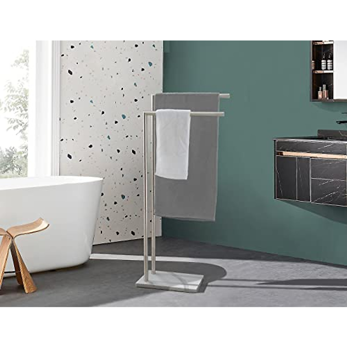 EADOT 41 Inch Standing Towel Rack Double L Shape Bath Towel Sheet Holder with Marble Base for Bathroom Floor Next to Tub or Shower Towel Stand for Bathroom Floor Stainless Steel Brushed Nickel