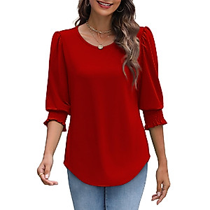 XIEERDUO 3/4 Length Sleeve Womens Tops Blouses for Women Dressy Casual Womens Short Sleeve Tops Red L