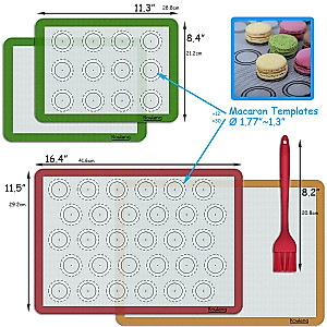 [5 Pack]Silicone Baking Mats Set, Non-Stick Food-Grade Safe Baking Supplies for Macarons/Cookies: 2 Half-Sheet Size+2 Quarter Size+1 Oil Brush[Extra Thick]