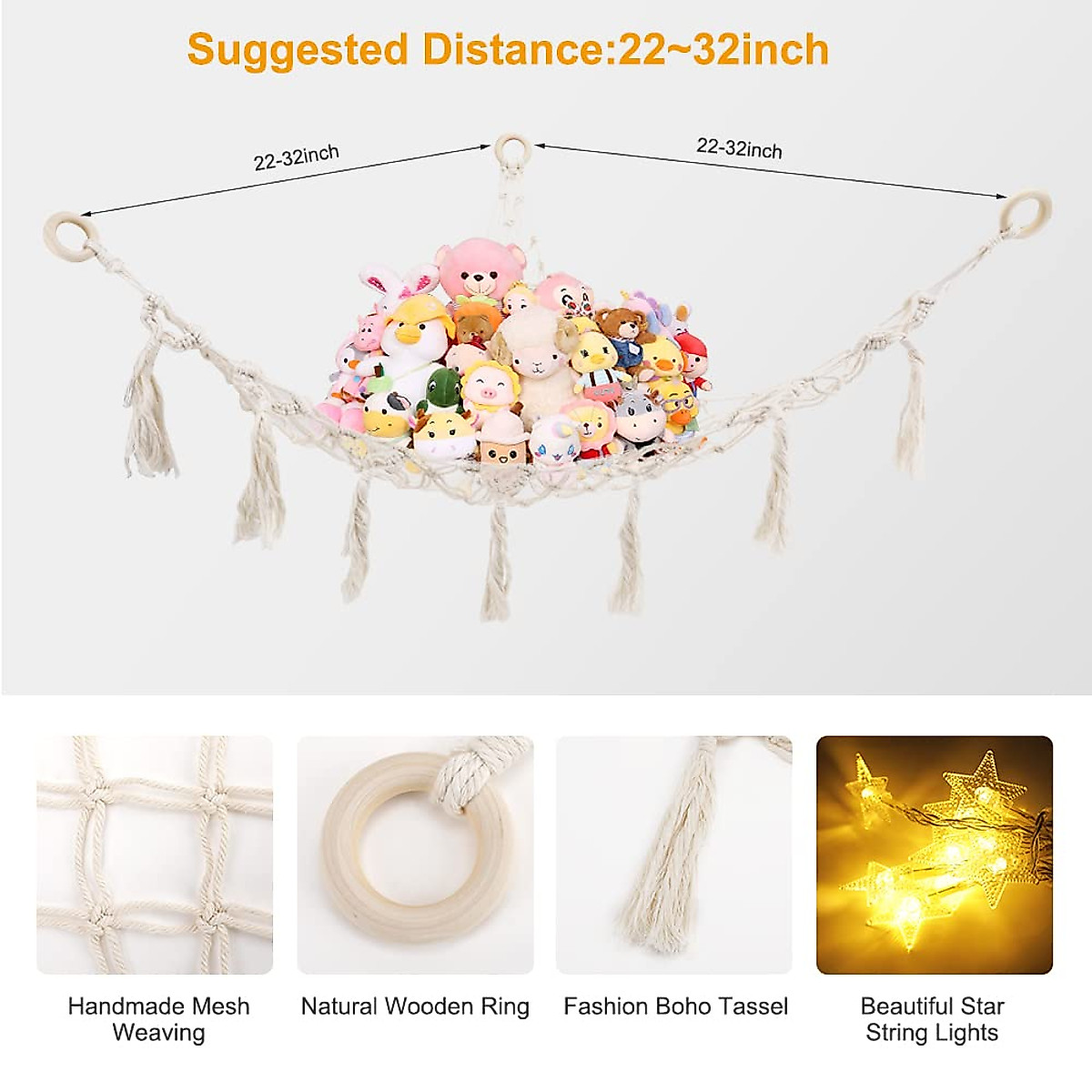 Stuffed Animal Hammock, 41inch Hand-Woven Toy Hammock Boho Tassel Macrame with Star Light String Corner Hanging Organizer Storage Plush Toys Net Holder for Nursery Play Room Kids Bedroom Decoration
