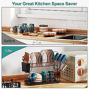 iSPECLE Dish Drying Rack - 2 Tier Small Dish Racks for Kitchen Counter with Glass Holder, Utensil Holder and Drainboard, Small Dish Dryer Rack, Multifunctional Dish Drainer, Black