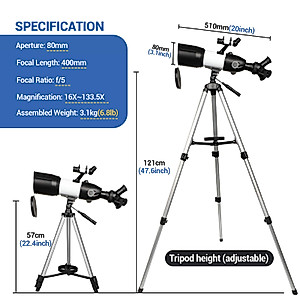 Telescopes for Adults Astronomy, 80mm Large Aperture for Astronomy Beginners, Adults 3 Rotatable Eyepieces Refractor Telescope 400mm/80mm with Tripod, Phone Adapter