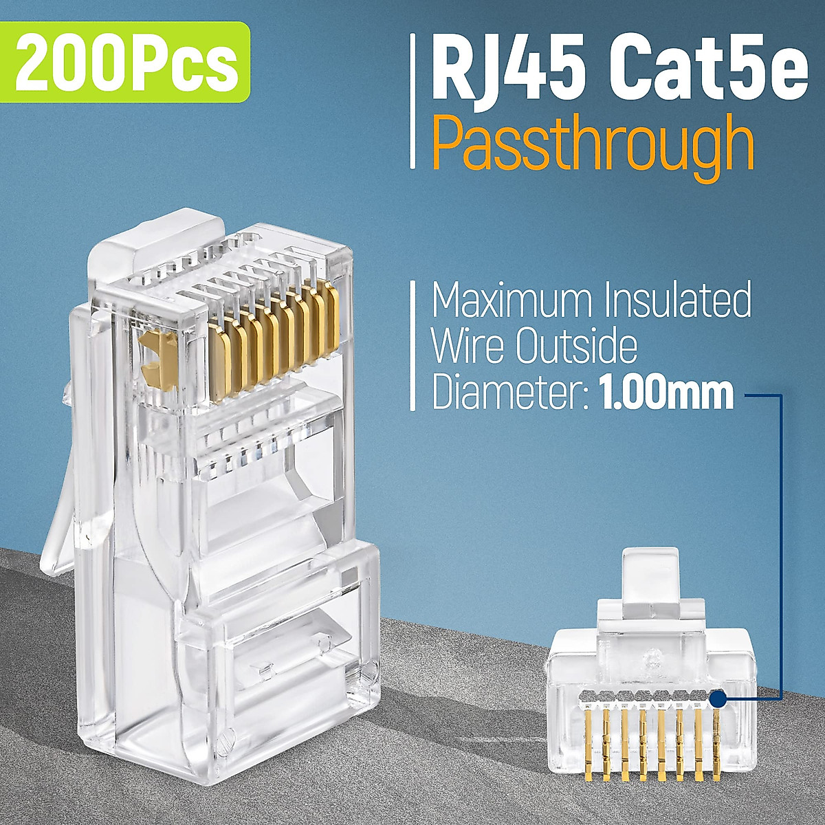 Everest Cat5e RJ45 Pass Through Connector 200-Pack - EZ Cat 5e Pass Through RJ45 Connectors - Cat 5e Connectors - Ethernet Connector, Ethernet Plug - for Solid or Stranded UTP Network Cable