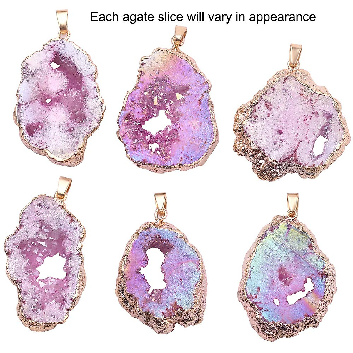 Natural Agate Slice Druzy Necklace - Irregular Slice Natural Quartz Geode Pendant Necklace with Gold Plated Edge, Bohemian Natural Stone Jewelry for Women (Pinkish Purple)