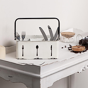 NIKKY HOME Utensil Caddy, Farmhouse Rustic Metal Cutlery Silverware Caddy with 4 Compartments, Flatware Holder Organizer for Kitchen Countertop, Picnics, Party, Camping, Outdoor - Distressed White