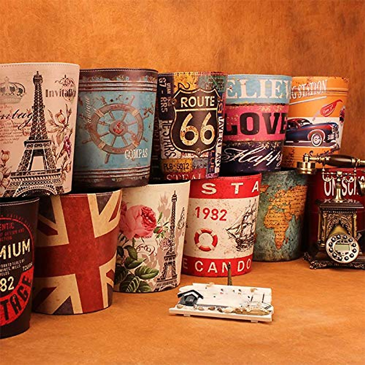 Daliuing Waste Can Creative British Leather Round Trash can for Household use Garbage Waste Basket for Washroom/Bathroom