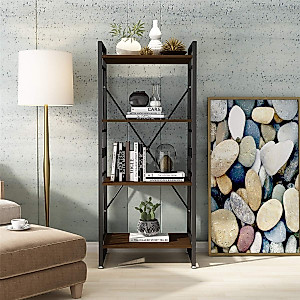 DEWEL Bookshelf 4 Tier Bookcase Shelf Storage Organizer Display Rack Modern Wood and Metal Shelves Open Standing Furniture for Home Office Study Kitchen - Elm Brown