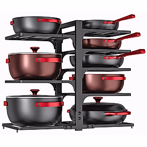 Pan Organizer Rack for Cabinet,8 Tiers Pots and Pans Organizer for Kitchen Organization & Storage, Height Adjustable Pot Lid Holders & Pan Rack ,Non-Slip Space Saving Pan Rack Holder（BLACK）