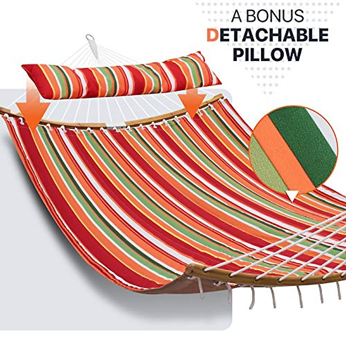 EAGLE PEAK 11 FT Double Hammock Quilted Fabric Hammock with Bamboo Wood Spreader Bars & Detachable Pillow, 2 Person Portable Hammock for Outdoor Patio Yard, 440 Pound Capacity, Red Stripe