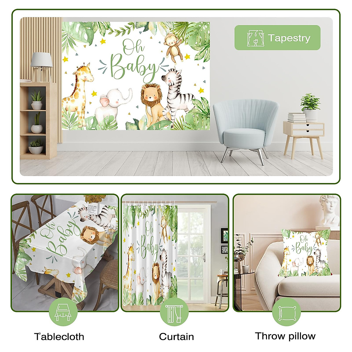 Mocsicka Jungle Safari Boy Baby Shower Backdrop Wild Animals Safari Party Decorations Oh Baby Jungle Theme Tropical Green Leaves Baby Shower Banner Supplies