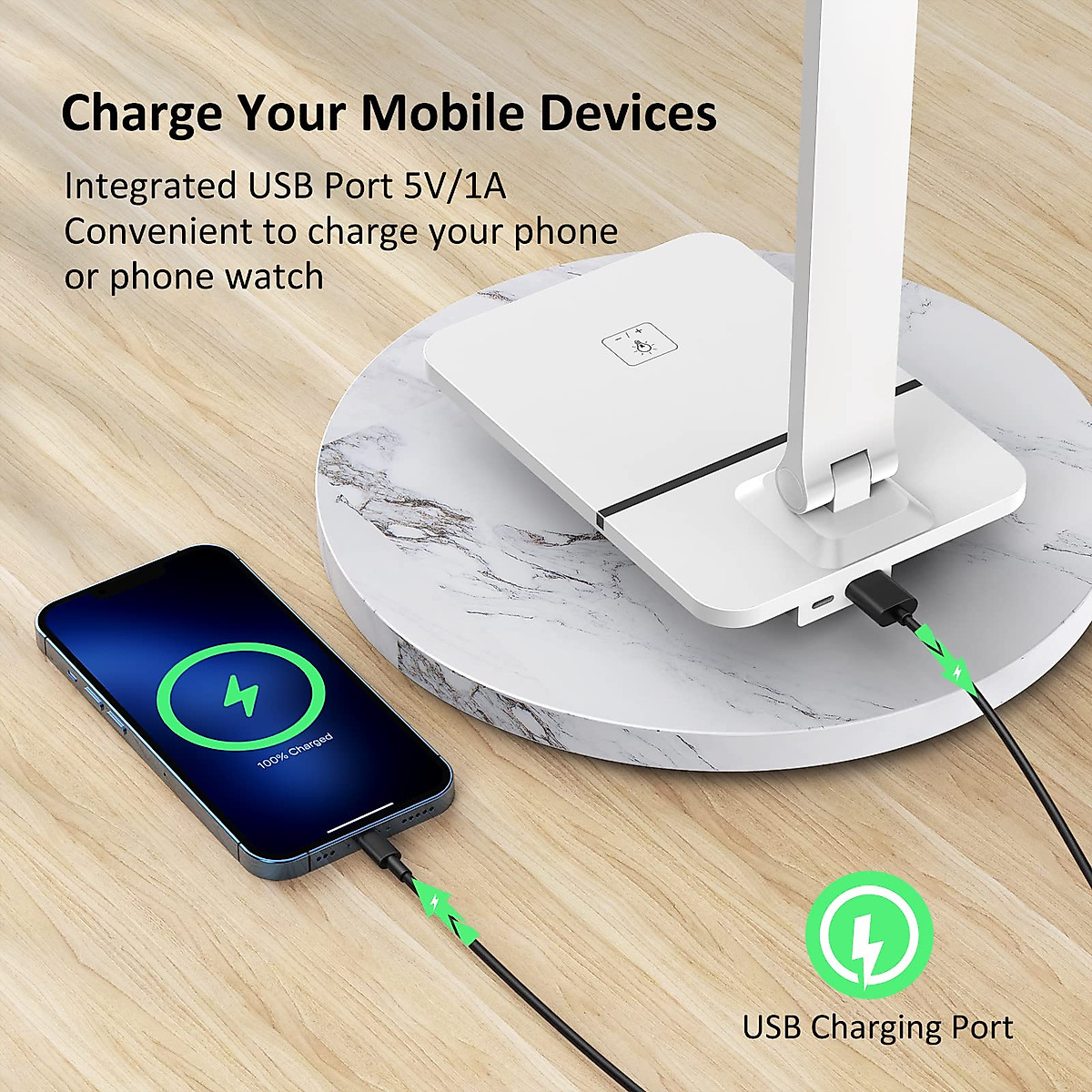 Desk Lamp with USB Charging Port , Folding Desk Light with 3 Color Modes Stepless Dimming, Eye-Caring LED Desk Lamps, Multifunction Table Lamp Touch Control Desk Lamps for Home Office(White+Black)