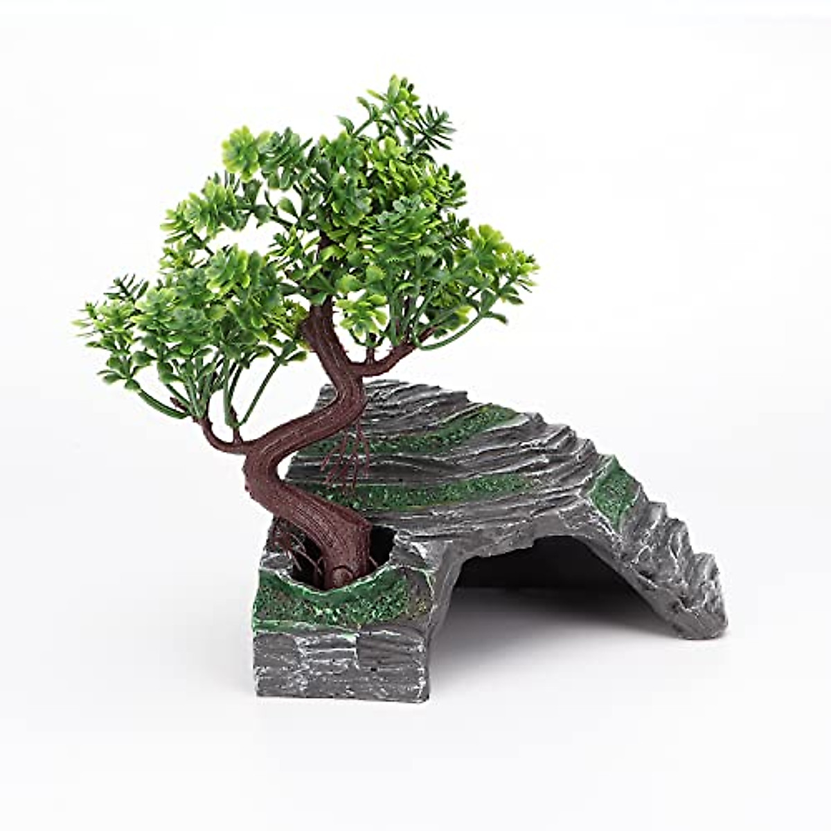 Reptile Simulation Rock Hide-Resin Amphibian Hideouts Cave Size 3.94'' x 1.77'' with Plastic Tree 7.87'',Habitat for Bearded Dragon Turtles Lizards Snakes Crab Gecko Leopard Spider Fish