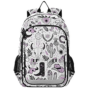 Glaphy Western Cowboy Boho Cactus Skull Dream Catcher School Backpack Lightweight Laptop Backpack Student Travel Daypack with Reflective Stripes