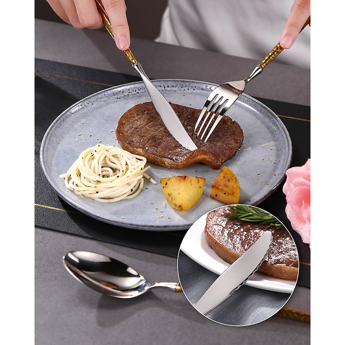 Lemeya 20-Piece Hammered Silver Gold Silverware Set,18/10 Stainless Steel Forging Heavy Duty Cutlery Set for 4, Luxury Unique Flatware Set,Spoons and Forks Set,Mirror Polished,Dishwasher Safe