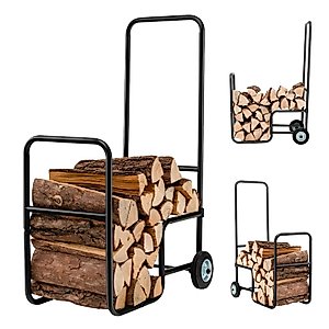 Safstar Firewood Log Cart Carrier, 2.9ft/35” Height Wood Rack Storage Mover w/2 Rubber Wheels & Ergonomic Handle, Heavy-Duty Steel Fireplace Log Carrier Mover, Rolling Firewood Cart for Indoor Outdoor