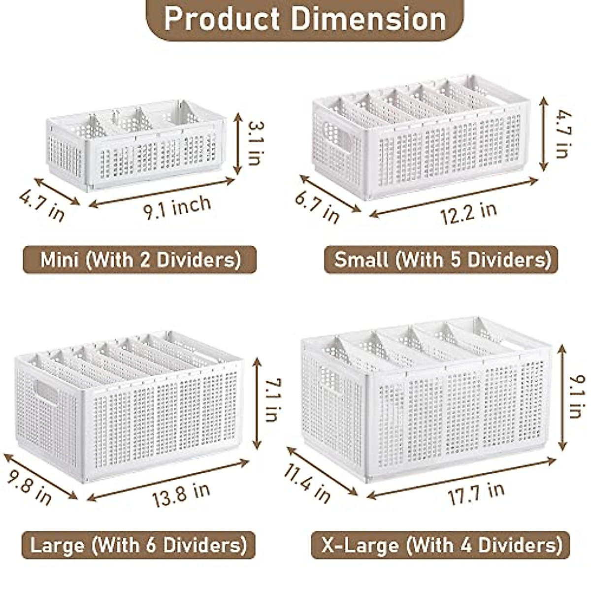 MILILOVE 1 Pack Closet Drawer Organizer, With 4 Dividers, X-Large Size 17.7 * 11.4 * 9.1” Collapsible Plastic Closet Storage Basket Bins Cubes Organizer with Handles for Robe T-Shirt Pants