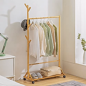 MoNiBloom Bamboo Clothing Garment Rack with Wheels and Bottom Shelf 2-in-1 Freestanding Clothes Organizer with 6 Side Hooks for Hanging Clothes Hats, Natural