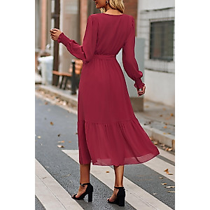 PRETTYGARDEN Women's Floral Print Boho Dress Long Sleeve Wrap V Neck Ruffle Belted A-Line Flowy Maxi Dresses (Solid Wine Red,Medium)