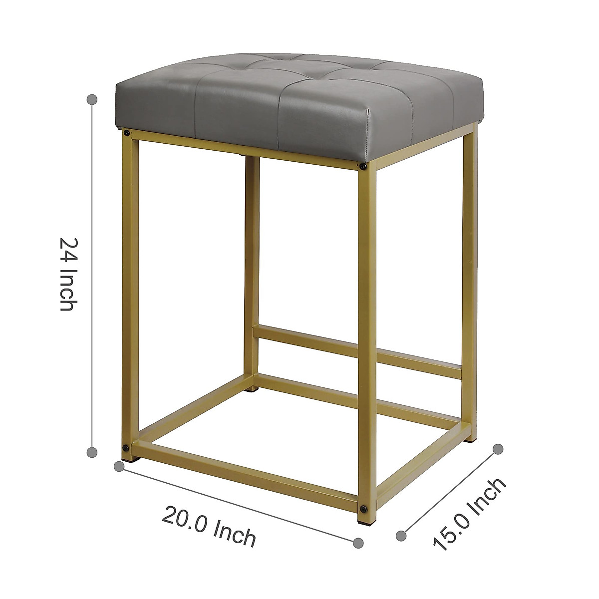 GIA 24-Inch Counter Height Square Metal Stool with Footrest and Tufted Gray Vegan Leather Upholstery, Gold Frame, Qty of 1