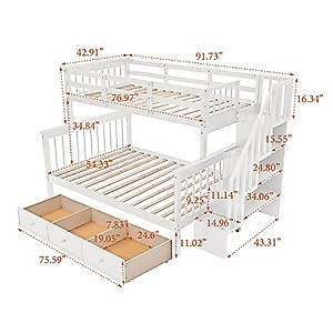 Harper & Bright Designs Twin Over Full Bunk Bed with Stairs, Solid Wood Stairway Bunk Bed with Storage Drawers for Kids Teens Adults, Bedroom, Dorm (White)