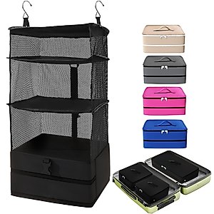Caroeas Portable Hanging Travel Shelves Bag Suitcase Organizer Carry-on Closet Packing Cubes for Travel, 3-Shelf Suitcase Closet with 2 Hooks, Large Capacity, Black