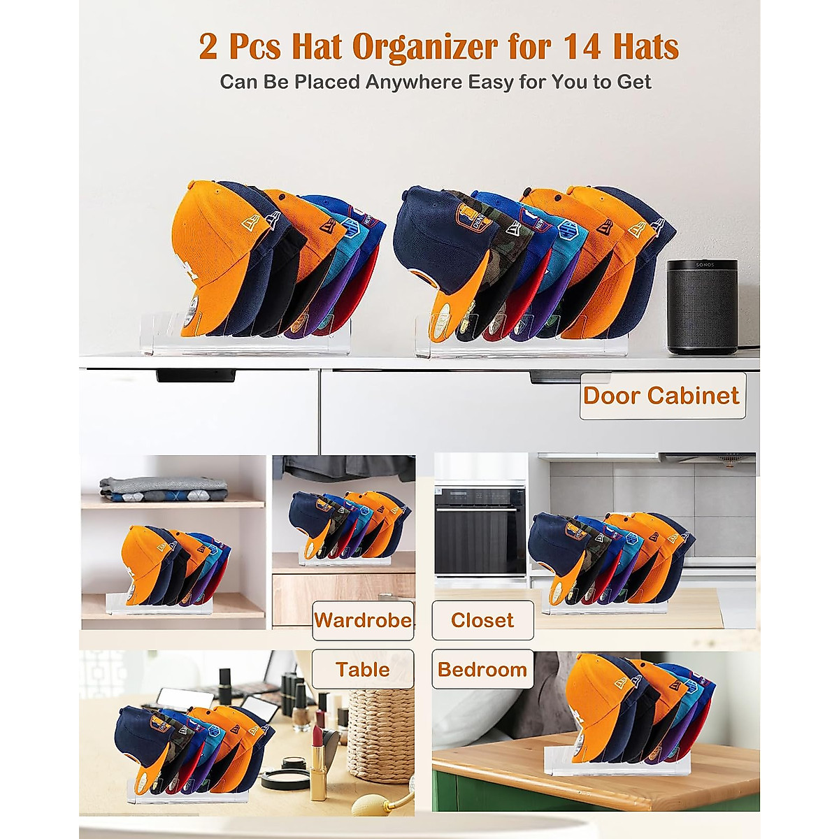 Newest Hat Organizer for Baseball Caps, 2Pcs Hat Racks, No Install Acrylic Hat Stand for 14 Baseball Caps for Bedroom, Closet, Dresser, Hat Holder Display and Organizer for Berets, Duckbill Caps, Etc