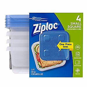 Ziploc Food Storage Meal Prep Containers with One Press Seal, for Travel and Organization, Dishwasher Safe, Small Square, 4 Count