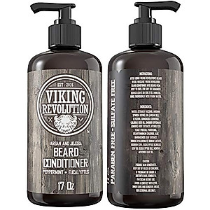 Viking Revolution Beard Conditioner w/Argan & Jojoba Oils - Softens & Strengthens - Natural Peppermint and Eucalyptus Scent- Beard Conditioner w/Beard Oil (17oz Conditioner)