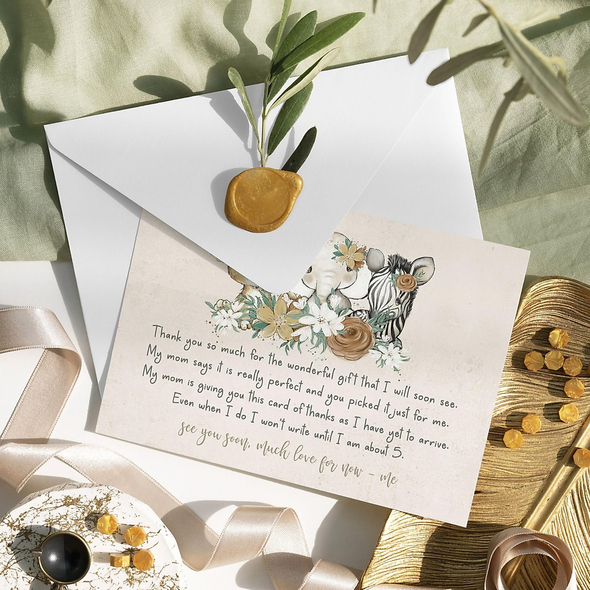 Paper Clever Party Flora Safari Baby Shower Thank You Cards with Envelopes - 25 Pack - 4x6 Blank Notes with Prefilled Message from Baby Girl - Greenery Jungle Design