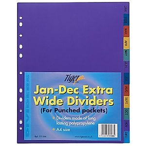 Tiger MONTHLY JAN-DEC STRONG FILING SUBJECT DIVIDERS Tabbed Ringbinder Folder Indexing Sheets