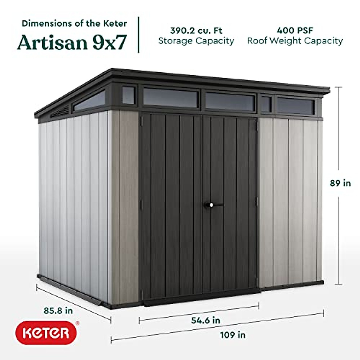 Keter Artisan 9x7 Foot Large Outdoor Shed with Floor with Modern Design for Patio Furniture, Lawn Mower, Tools, and Bike Storage, Grey