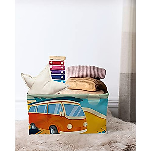 Summer Travel Storage Bin for Shelves with Leather Handles, 15 X 11 X 9.5 Inches Waterproof Storage Bins for Clothes Toy Blanket Books Organizers Storage Tropical Palm Trees and Seaside Bus