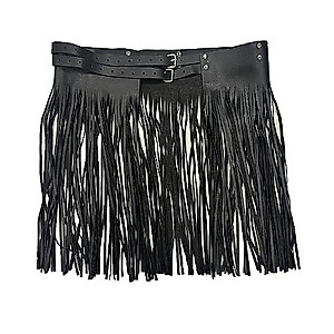 KKmeter Women's Faux Leather Waistband Fringe Tassel Skirt Hippie Boho High Waist Adjustable Double Waist Belt Skirt Clubwear (Black)