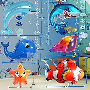 Jiahaoppx 10 Pcs Sea Animal Balloons, Large Shark Dolphin Whale Octopus Fish Hippocampus Crab Sea Lion Conch Starfish Ocean Foil Balloons for Sea Underwater Animals Theme Party Decoration