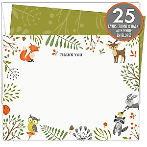 Woodland Animals Baby Shower Thank You Cards. Set of 25 5.5” x 4.25” Flat Note Cards and A2 White Envelopes. Printed on Heavy Card Stock.