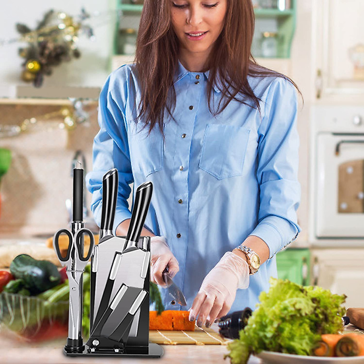 BAERFO Kitchen Knife Block Sets for Stainless Steel (6pcs Kitchen Knife Set with Stand) with Sturdy Knife,Santoku Chef Knife,Utility Knife and Knife Sharpener,Kitchen Scissor that Chef Knives Set