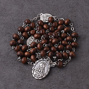 Loumu Seven Sorrows of Mary Rosary Chaplet with Wooden Beads Hematite Beads Glass Pearl Beads Crystal Beads Catholic Rosary Necklace for Women and Men Catholic Gift (brown, Wooden Beads)
