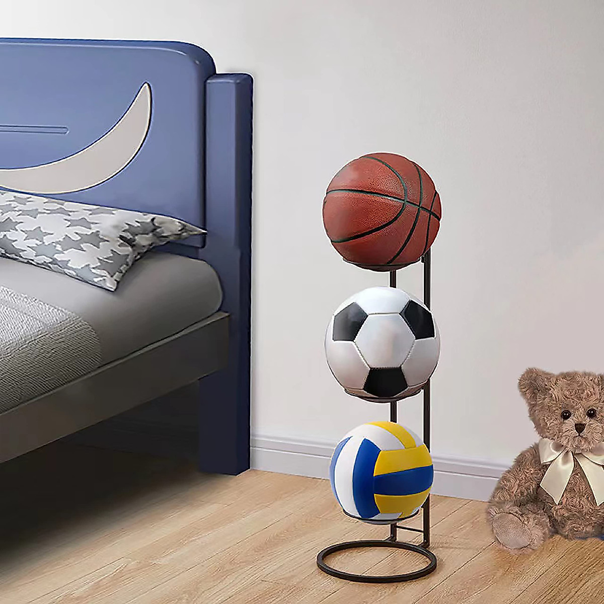 APLRIC Basketball Ball Storage Rack, 3 Tier Cube Ball Storage Holder, Garage Sports Organizer,Indoor Removable Vertical Display Stand for Basketball Football Volleyball