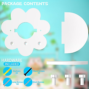 KINMAD Daisy Wall Shelf with Flower Hooks Wooden Floating Shelves for Wall Decor Cute Hanging Display Shelf for Bathroom Living Room Bedroom Decoration (White)