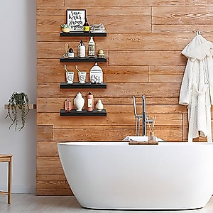 Fixwal Floating Shelves, Set of 4 Black Wood Shelves, Wall Mounted Shelf for Brick Wall, Bedroom, Living Room, Bathroom and Plants