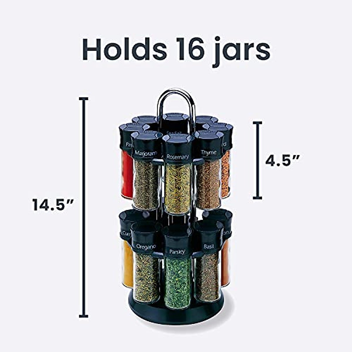 Olde Thompson Chrome- Plated Rotating Spice Rack, 16 Refillable Spice Jars With Shaker Tops And Labeled Lids For Frequently Used Spices