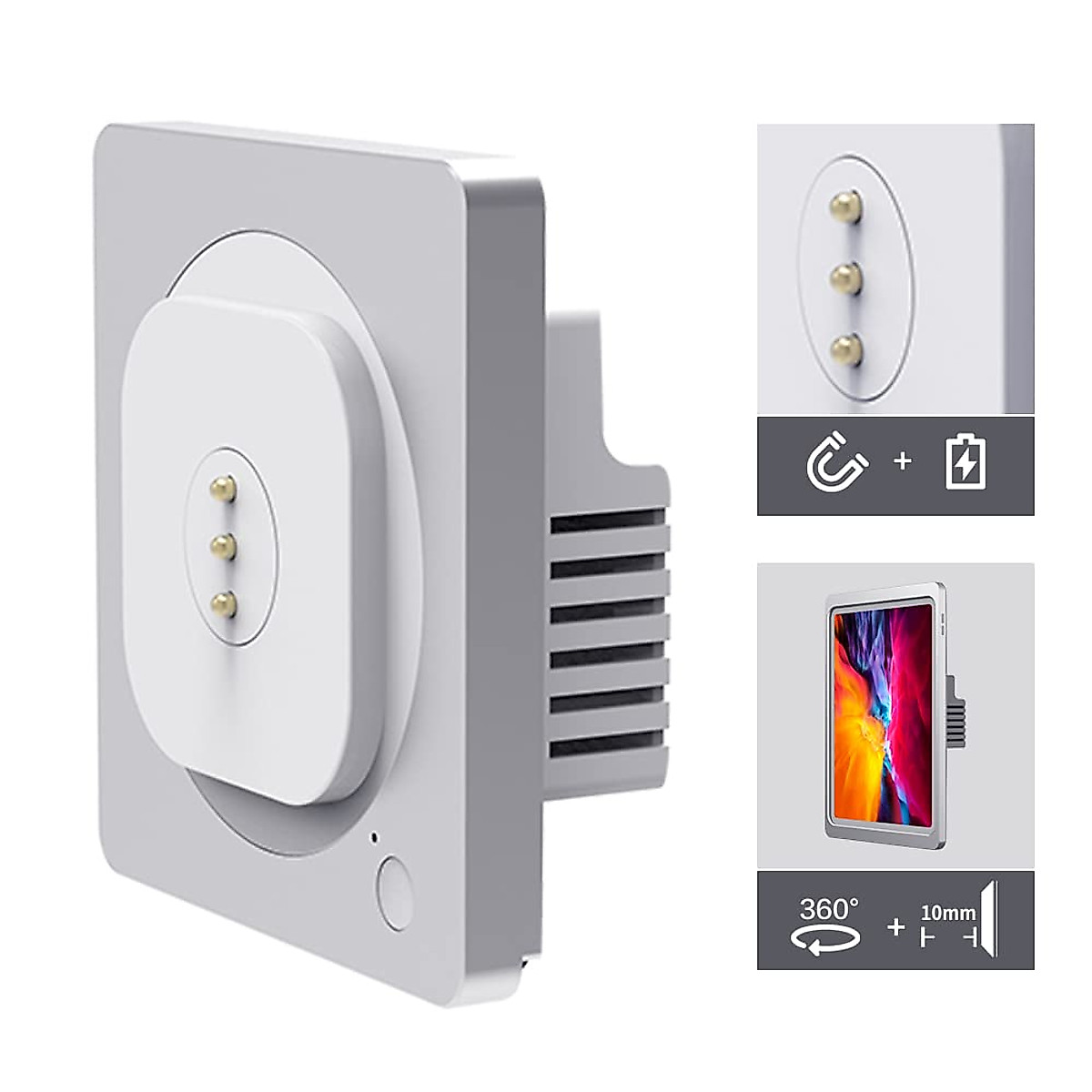 EMONITA Magnetic iPad Wall Mount with 360° Rotatable Charging Port for EMONITA iPad Cases - Silver