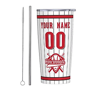 Cincinnati Custom Baseball 20oz Tumbler,Add Personalized Name And Number,Personalized Travel Coffee Mug, Stainless Steel, Insulated, Keep Drinks Cold And Hot,Gifts For Baseball Fans